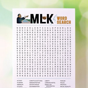 MLK Word Search - PRINTABLE Downloadable Activity. Martin Luther King ...