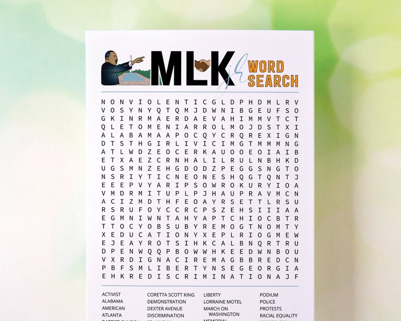 MLK Word Search - PRINTABLE Downloadable Activity. Martin Luther King ...