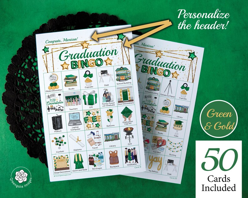 Graduation Bingo - 50 PRINTABLE Unique Cards. Green and Gold Color ...