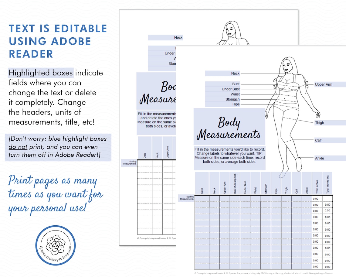 Body Measurement Tracker - Printable, Editable PDF. Two Versions: One ...
