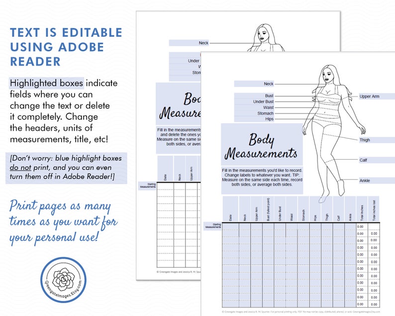 Body Measurement Tracker - Printable, Editable PDF. Two Versions: One ...