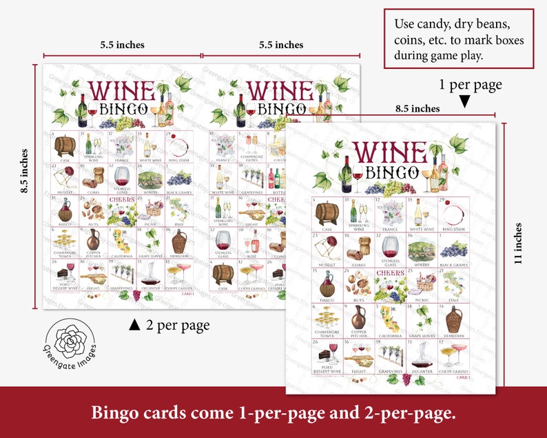 Wine Bingo - 50 PRINTABLE Unique Cards. Instant Digital Download PDF ...