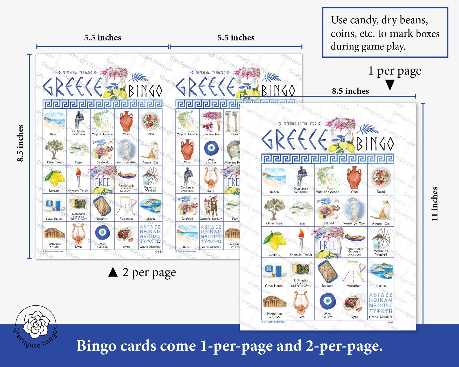 Greece Bingo - 50 PRINTABLE Unique Cards. Instant Digital Download PDF ...