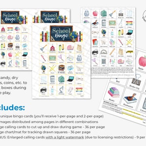 School Bingo Cards: Printable Bingo Cards, Color Pictures, 50 Cards ...