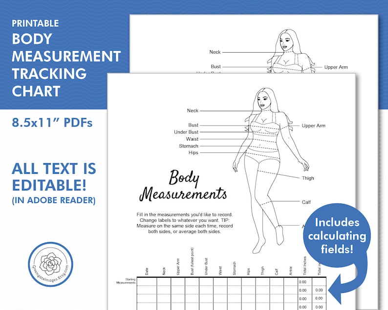 Body Measurement Tracker Printable Editable PDF. Two | Etsy