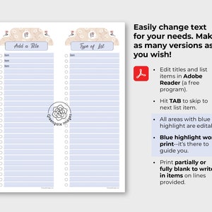 Printable List Paper - Editable/fillable Instant Download PDF. To-do ...