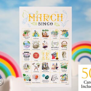 March Bingo - 50 PRINTABLE Unique Cards. Instant Digital Download PDF ...