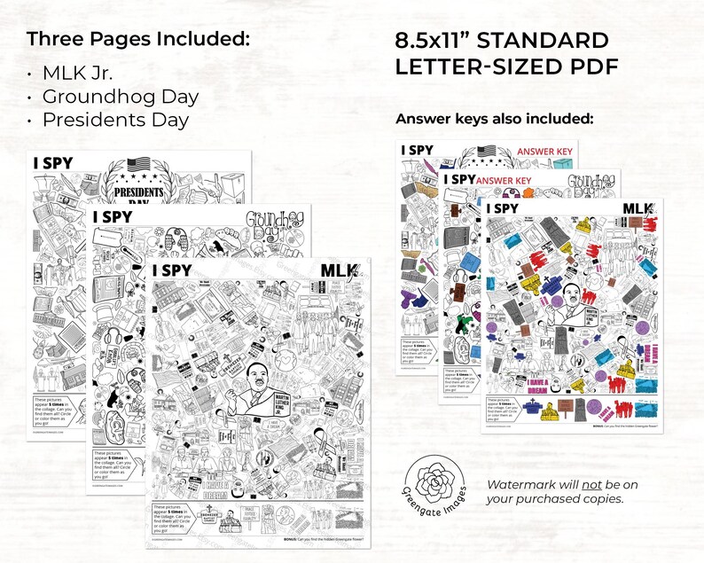 Mlk/groundhog/presidents Day I Spy Bundle - PRINTABLE - Answer Key ...