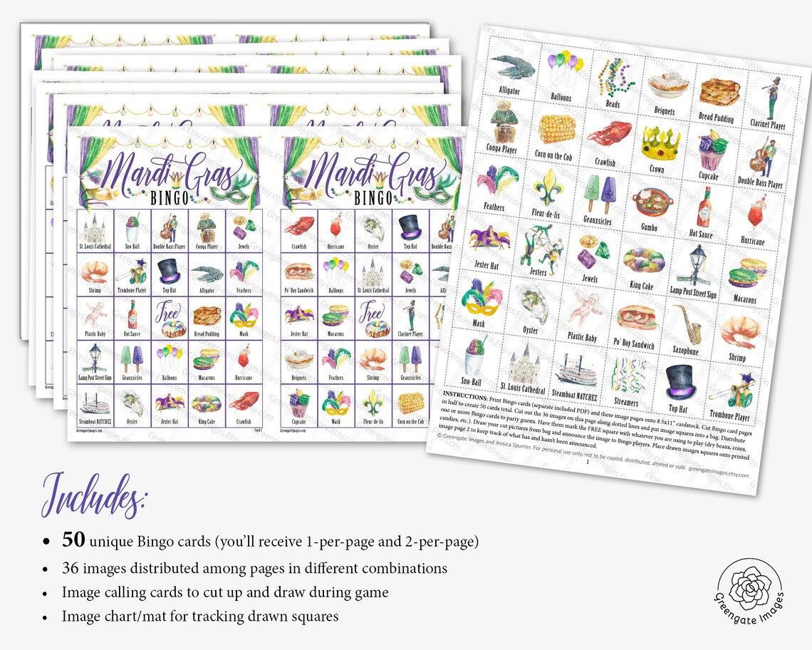 Mardi Gras Bingo Cards: 50 Printable Bingo Cards Senior | Etsy