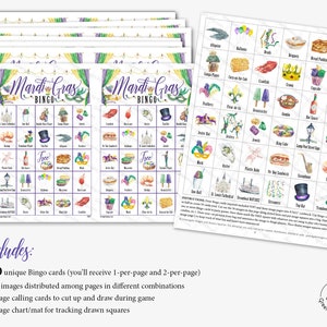 Mardi Gras Bingo Cards: 50 Printable Bingo Cards, Senior Citizen ...