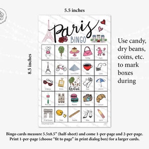 Paris Bingo Cards: Printable Bingo Cards, 50 Cards, Senior Citizen ...
