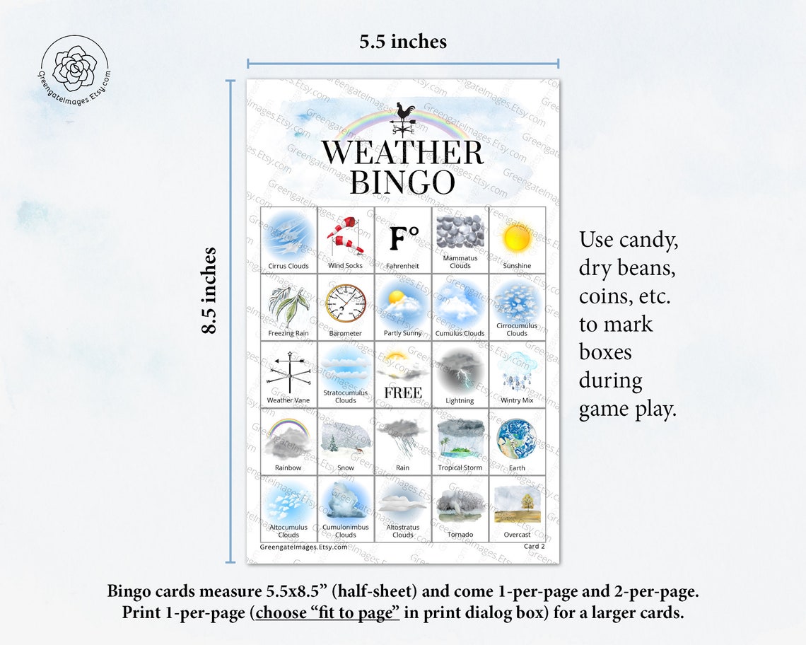Weather Bingo Cards: Printable Bingo Cards 50 Cards Kids - Etsy