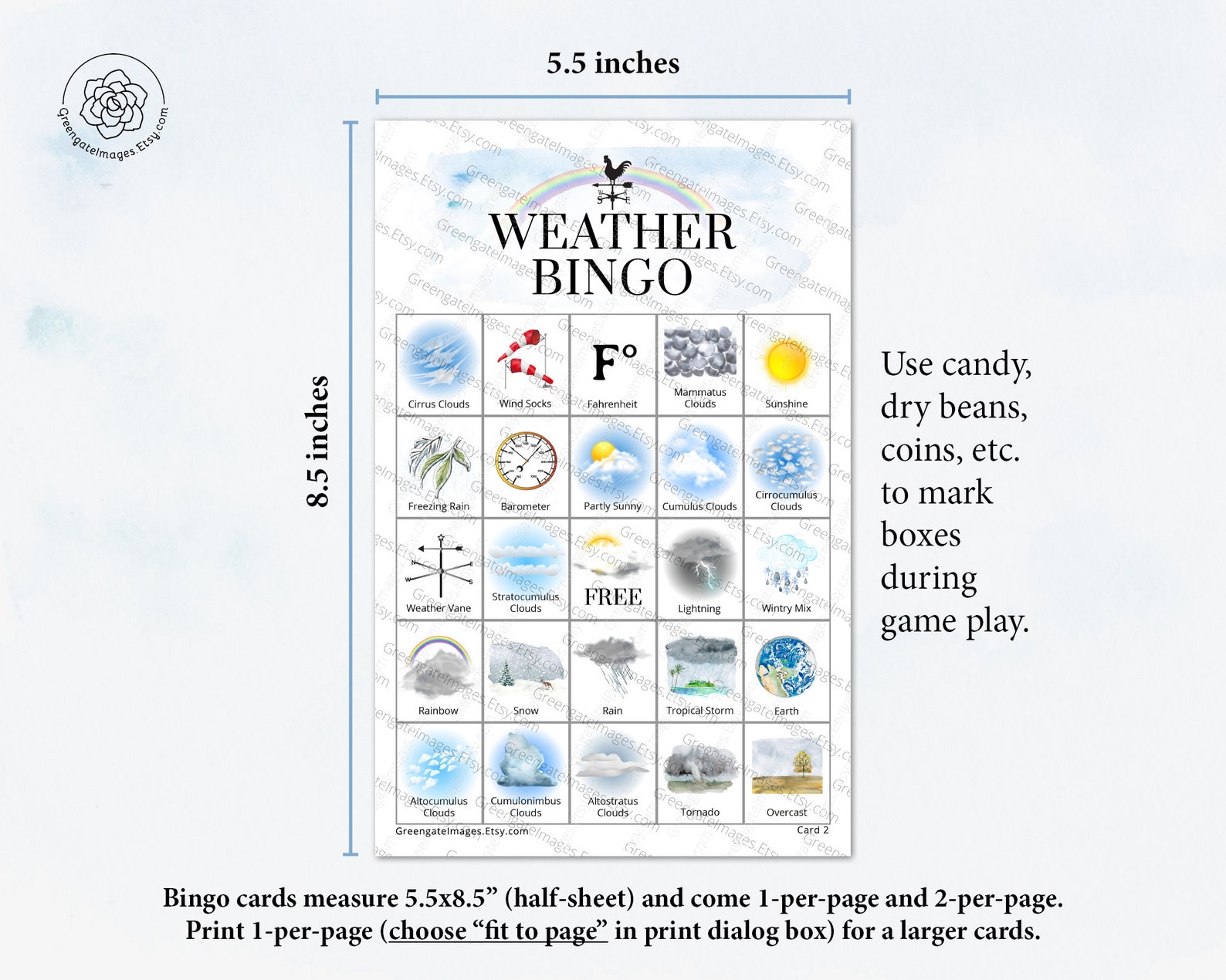 Weather Bingo Cards: Printable Bingo Cards, 50 Cards, Kids Game ...