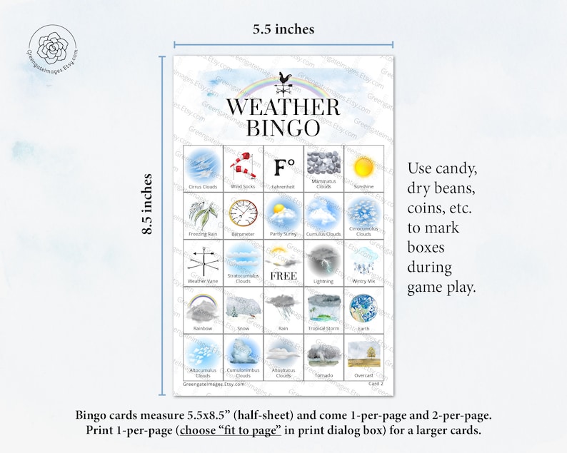 Weather Bingo Cards: Printable Bingo Cards 50 Cards Kids - Etsy