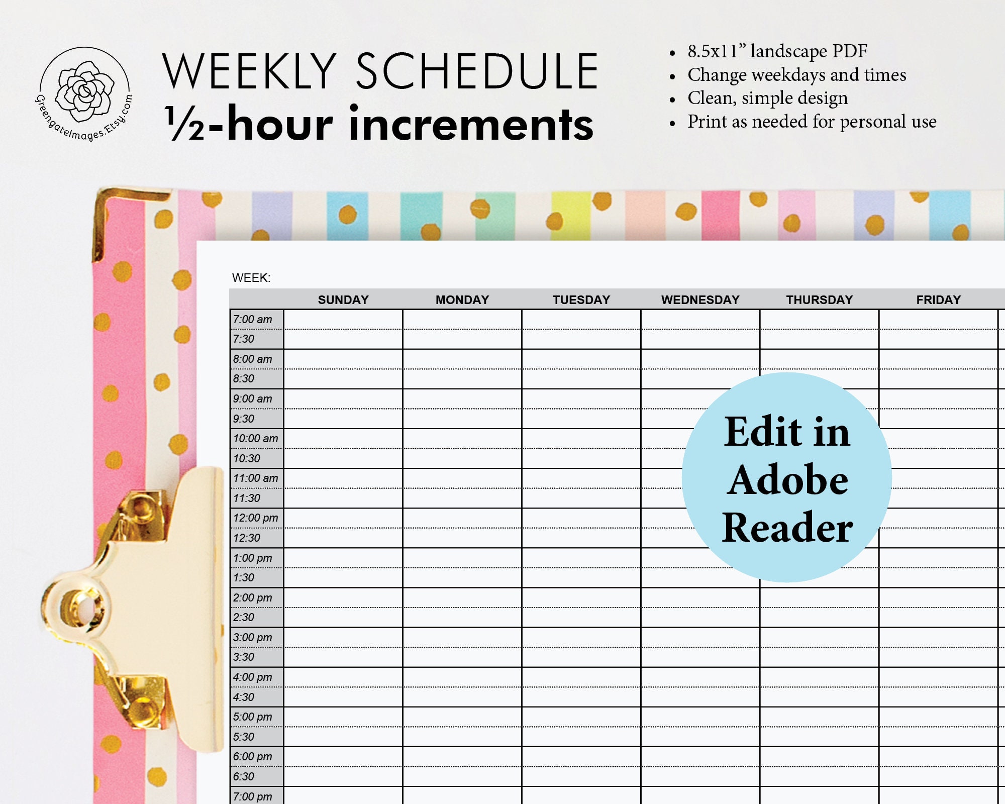 Printable Weekly Planner Editable Weekly Schedule Half hour Etsy