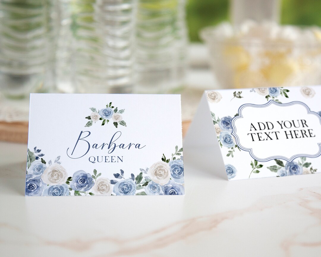 Dusty Blue Rose Place Cards PRINTABLE, Edit in Corjl, Food Sign, Buffet ...