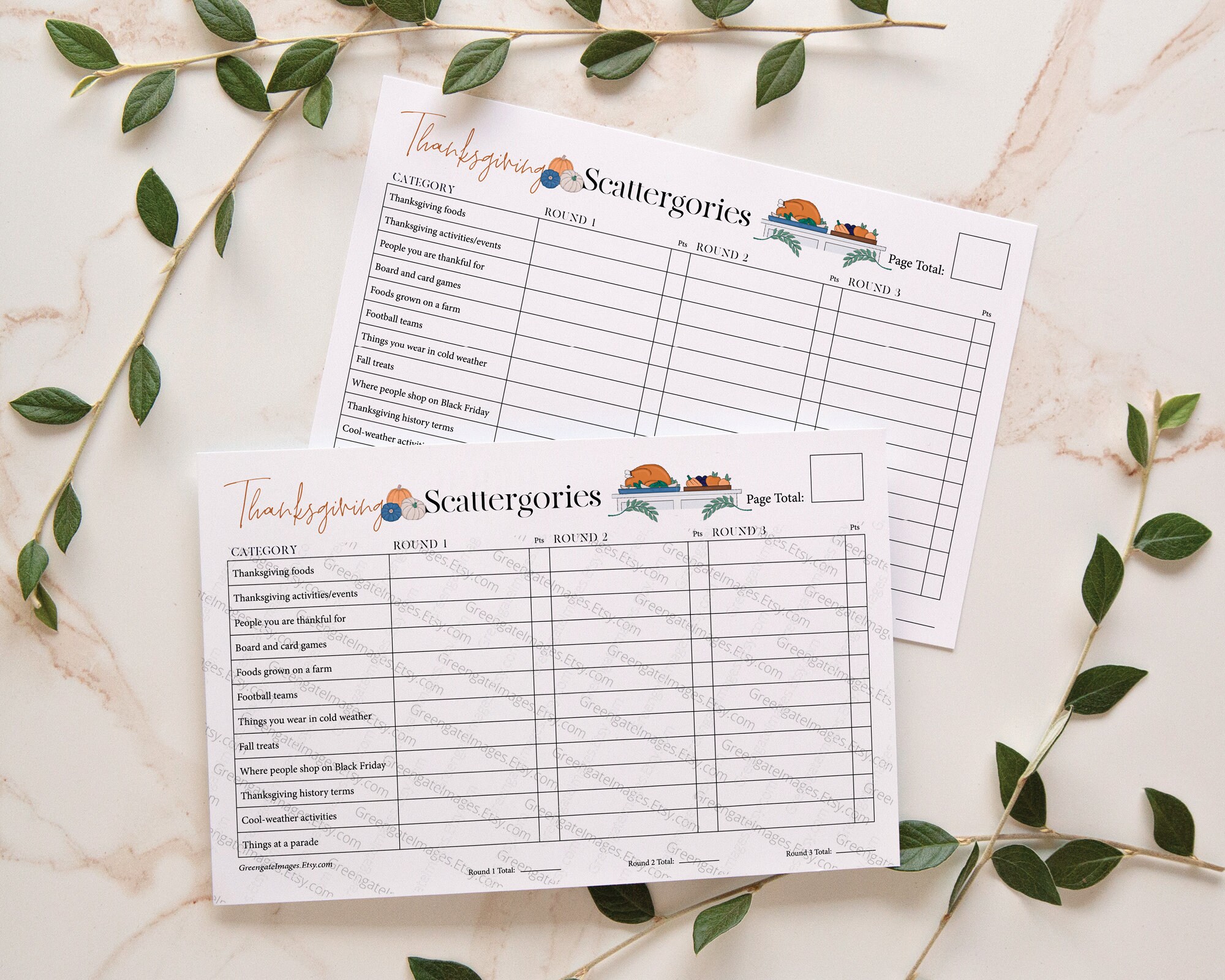 Thanksgiving Categories - PRINTABLE Instant Download PDF. Template ...