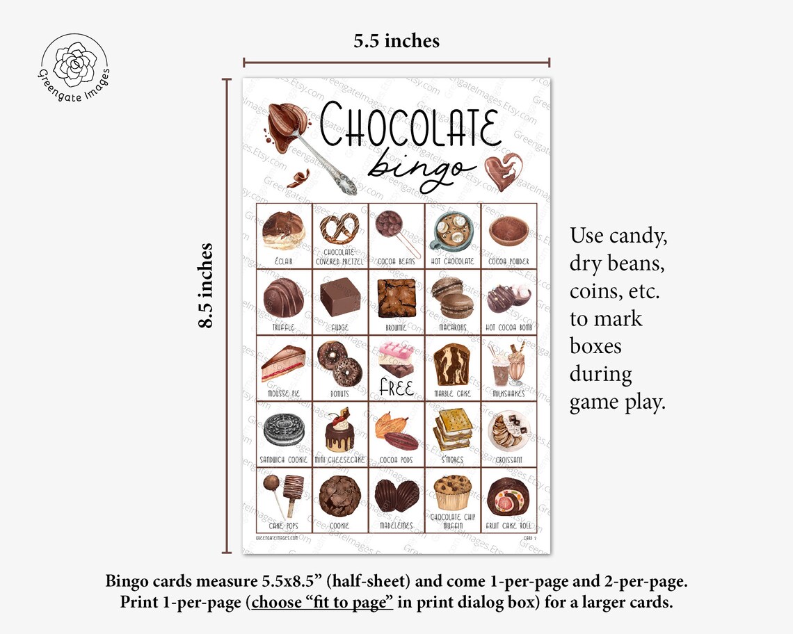 Chocolate Bingo Cards: Printable Bingo Cards, Color Pictures, 50 Cards ...