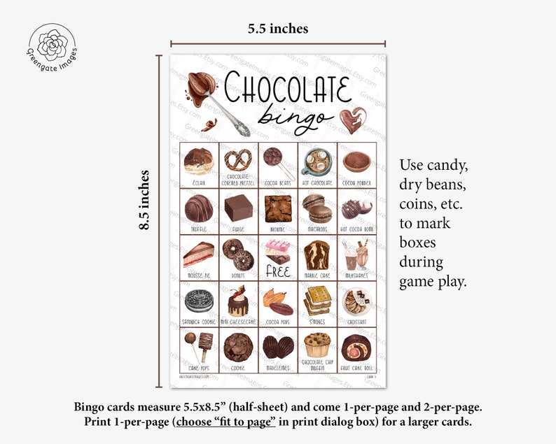 Chocolate Bingo Cards: Printable Bingo Cards, Color Pictures, 50 Cards ...