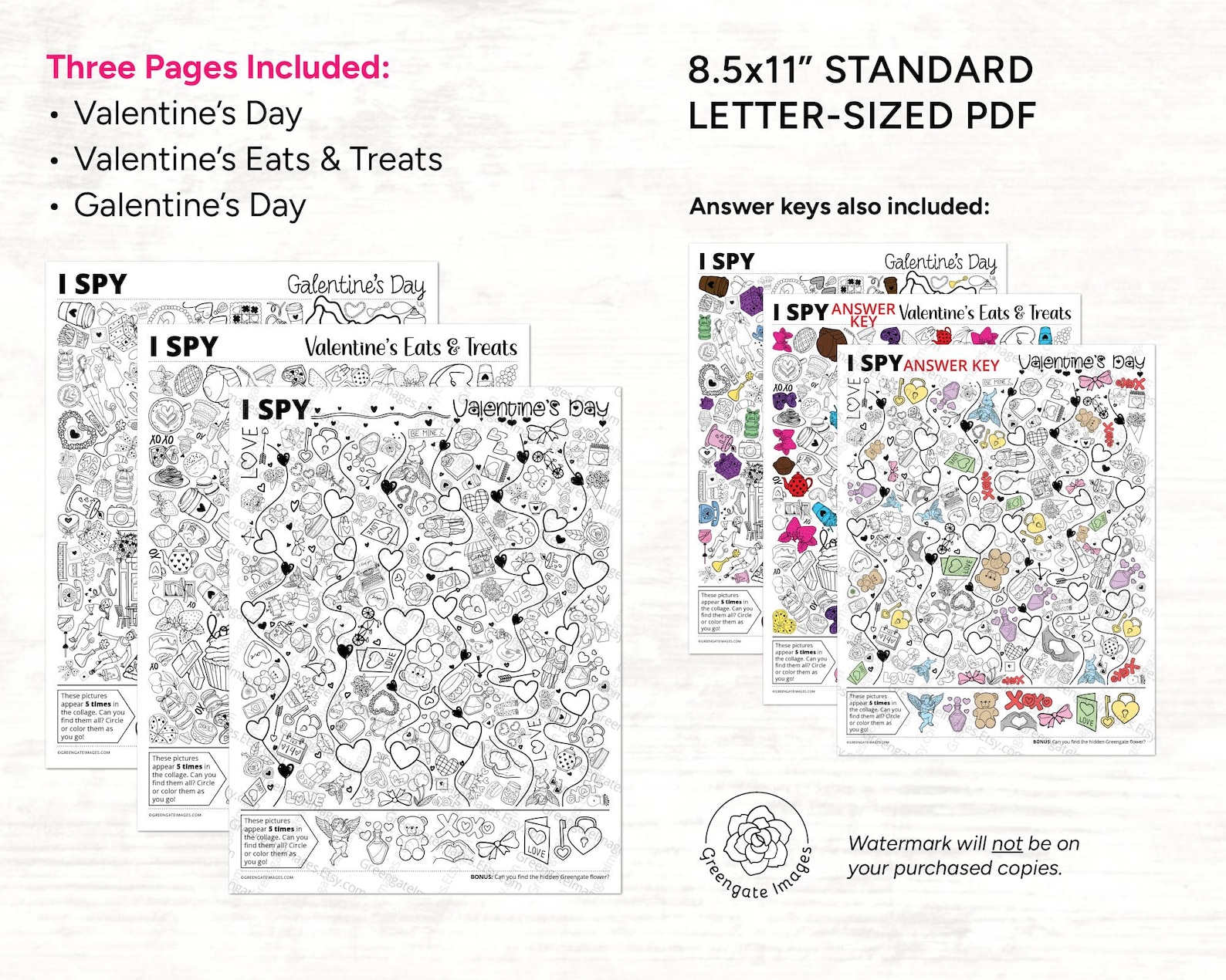 Valentine's Day I Spy Bundle - PRINTABLE - Answer Key Included! Three 8 ...