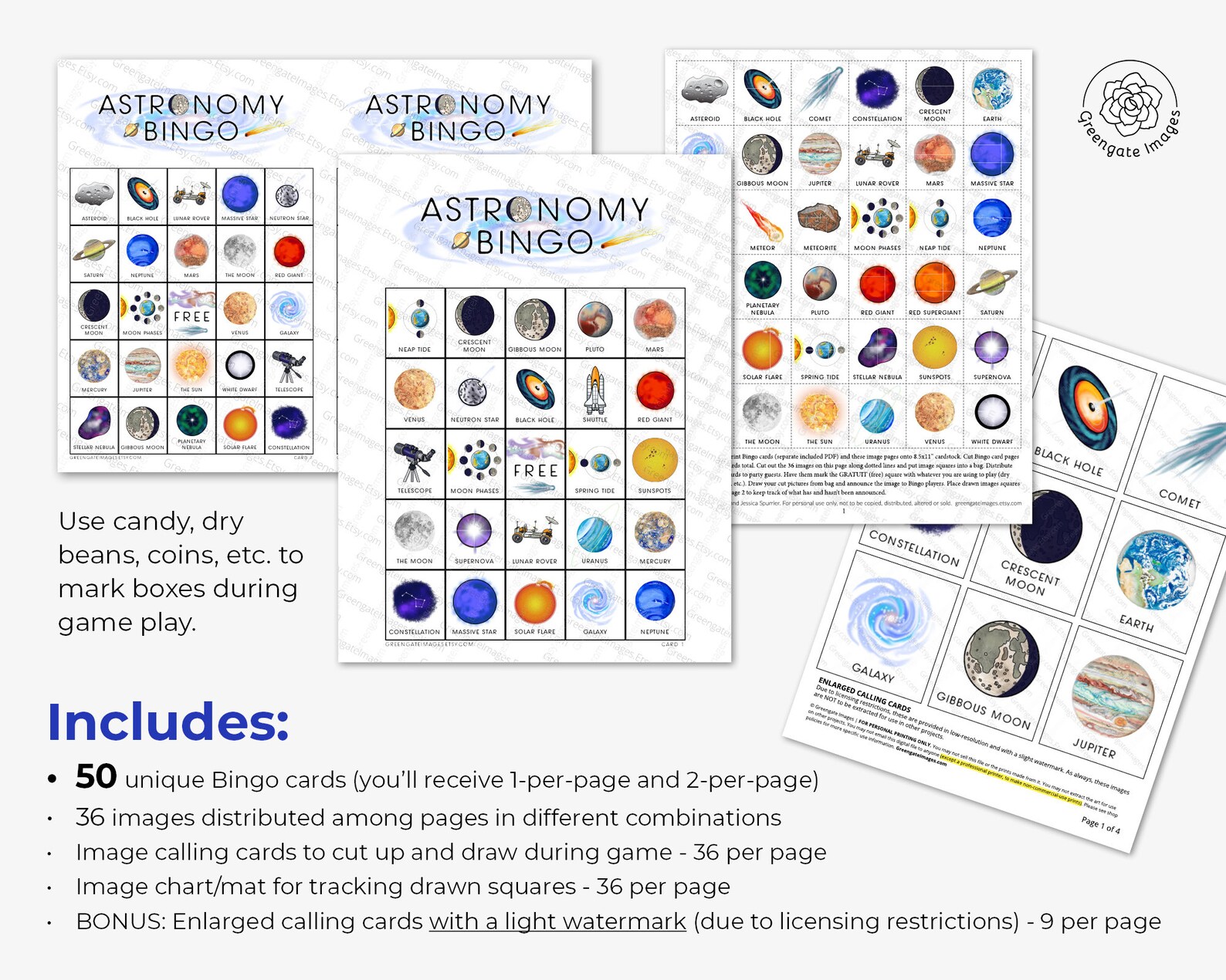Astronomy Bingo Cards: Printable Bingo Cards, 50 Cards, Kids Game ...
