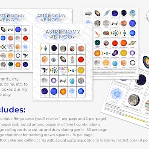 Astronomy Bingo Cards: Printable Bingo Cards, 50 Cards, Kids Game ...