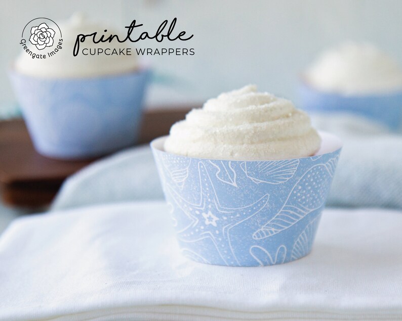 Beach Cupcake Wrapper - PRINTABLE Cupcake Wrapper, Coastal Wedding ...