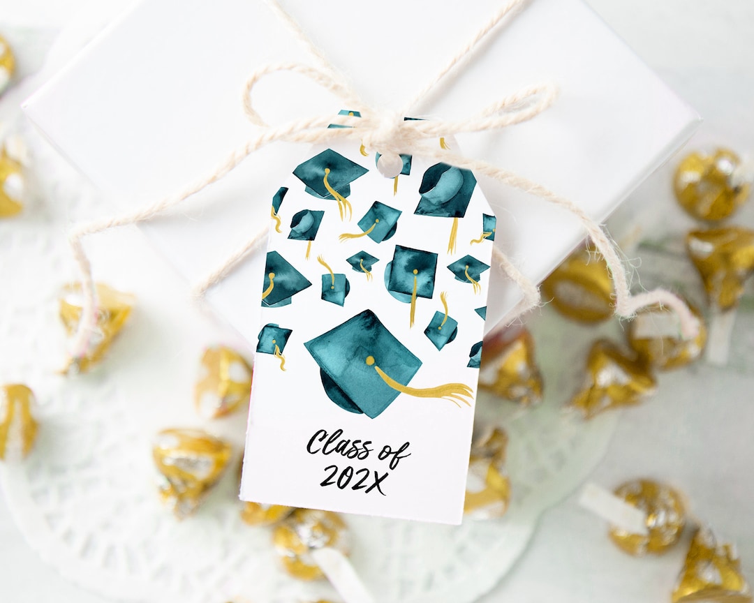 Teal Graduation Cap Gift Tags - PRINTABLE, Editable Corjl, Favor Bag ...