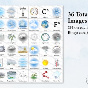 Weather Bingo Cards: Printable Bingo Cards, 50 Cards, Kids Game ...