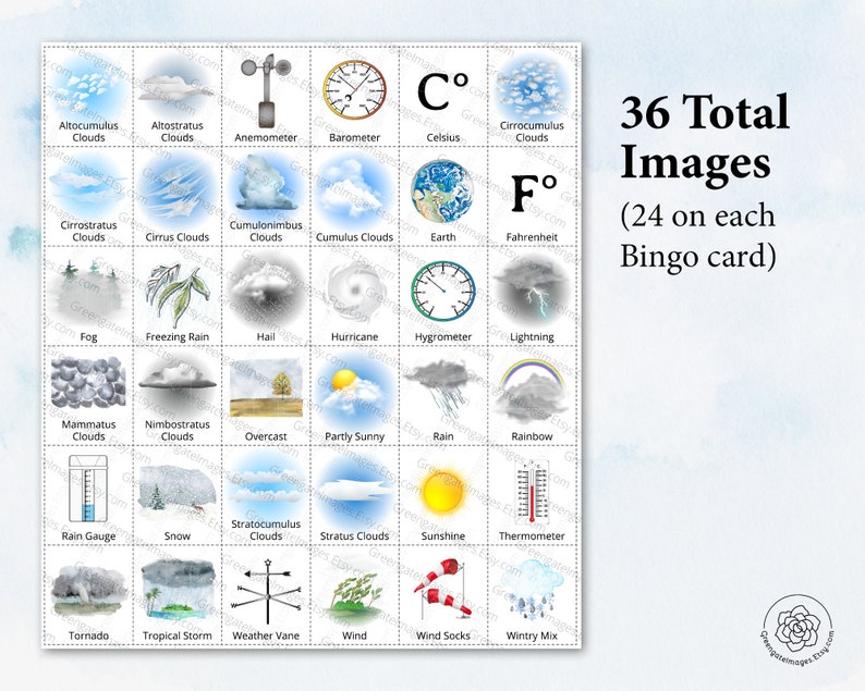 Weather Bingo Cards: Printable Bingo Cards 50 Cards Kids - Etsy