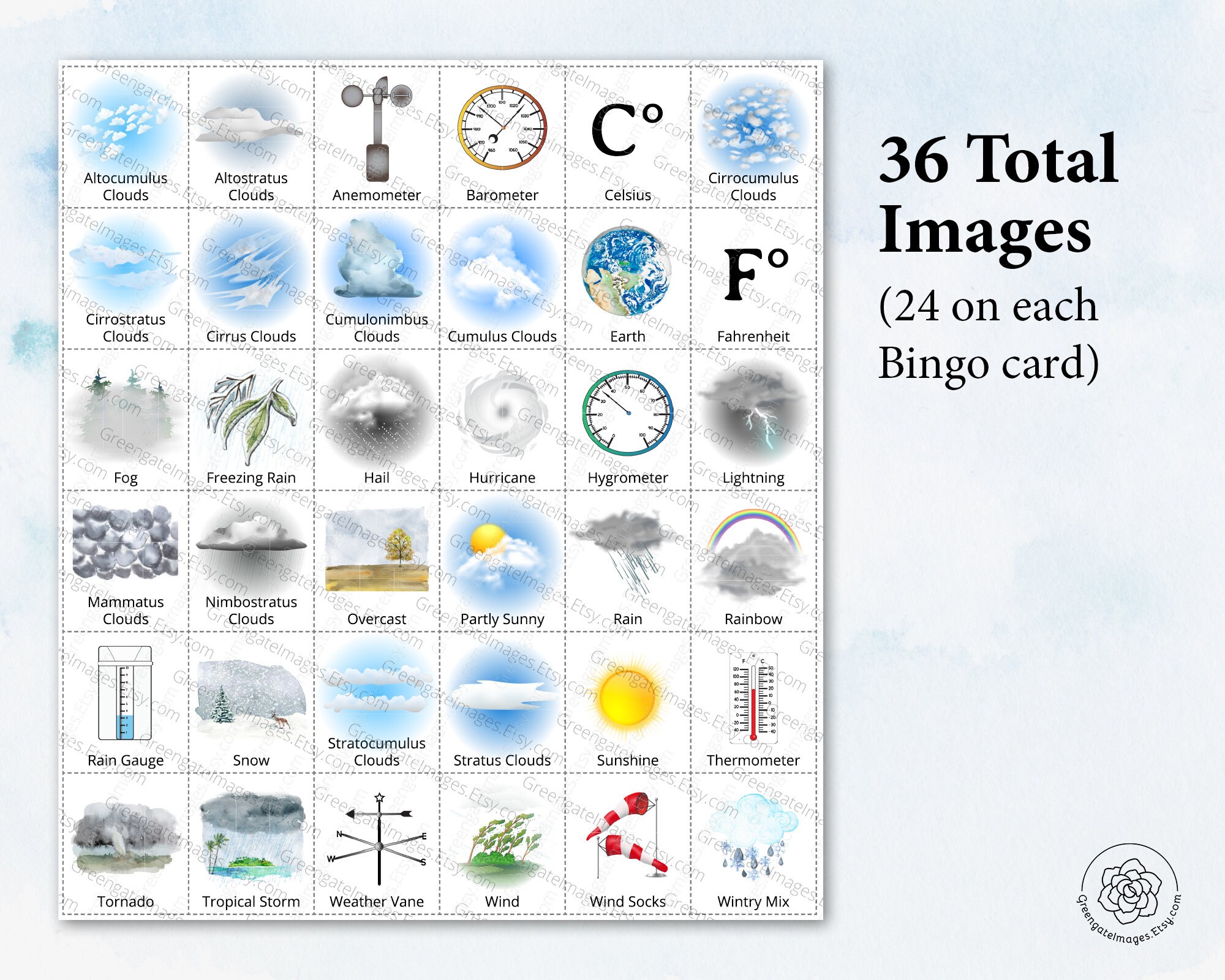 Weather Bingo Cards: Printable Bingo Cards, 50 Cards, Kids Game ...