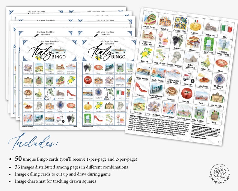 Italy Bingo - PRINTABLE 50 Group Game Idea, Personalized Editable ...