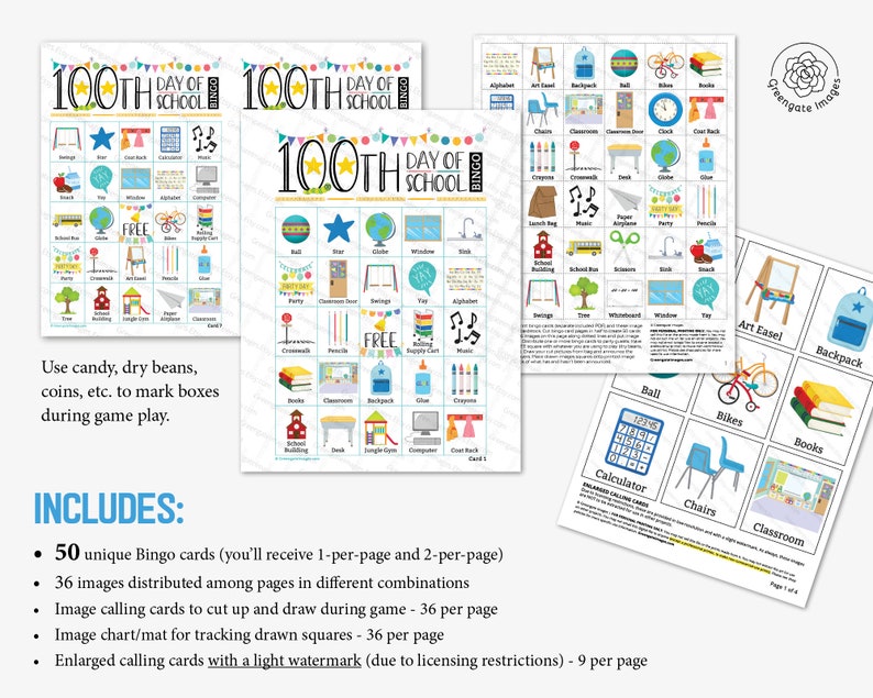 100th Day of School Bingo - 50 PRINTABLE Unique Cards. Instant Digital ...