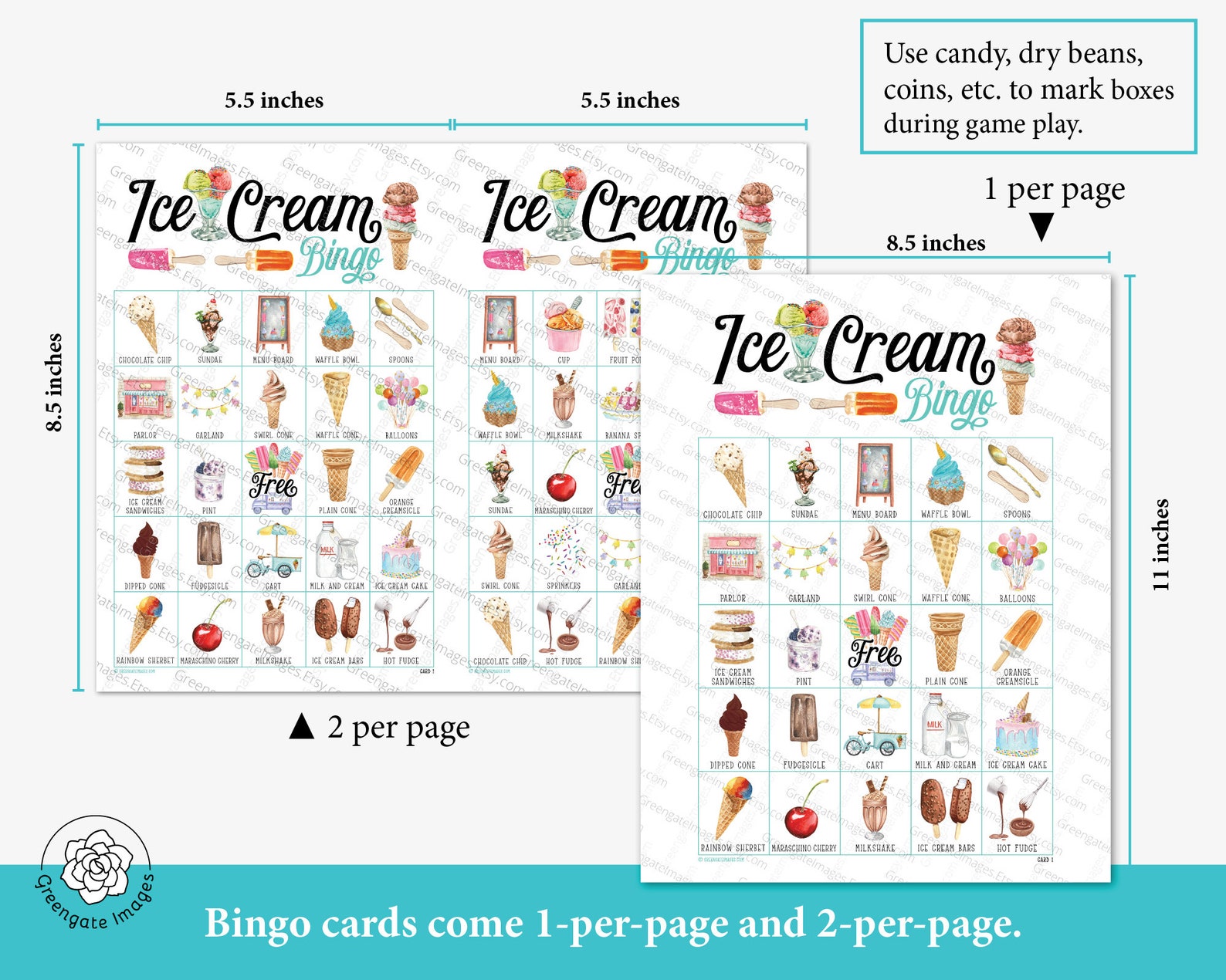 Ice Cream Bingo - 50 PRINTABLE Unique Cards. Instant Digital Download ...