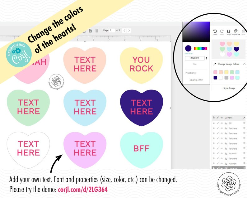 Candy Heart Gift Tags - Corjl Editable, Favor Tags, Printable Hang Tags ...