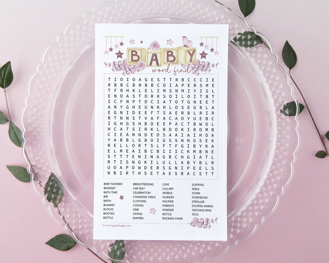 PINK Baby Word Find - PRINTABLE Downloadable Activity. Baby Shower Word ...
