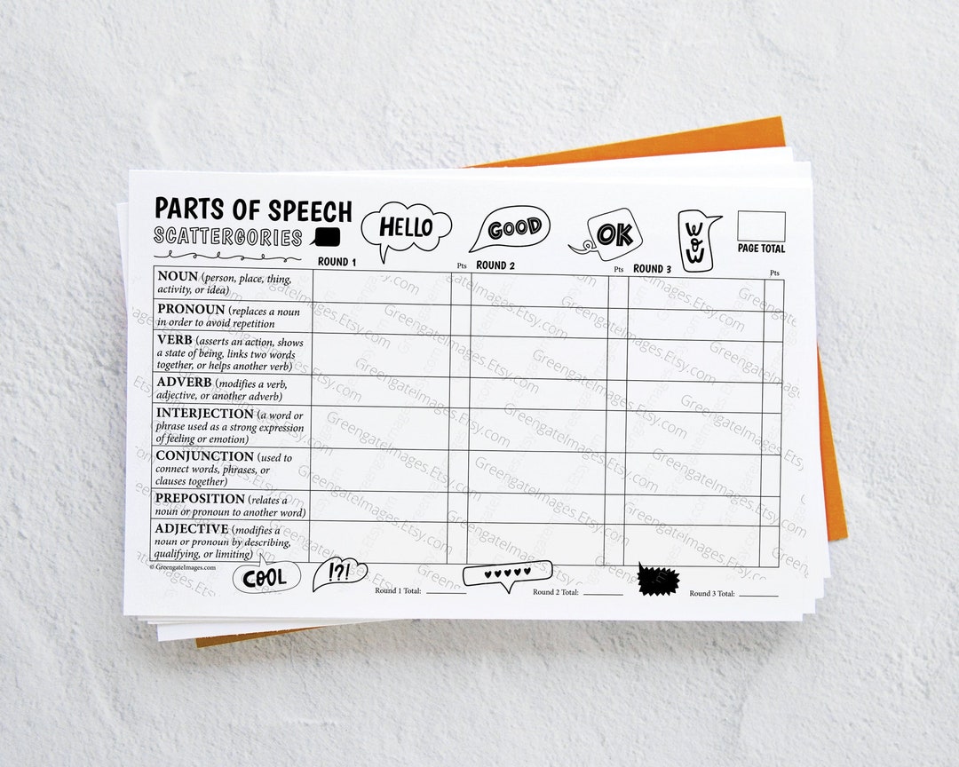 Parts of Speech Scattergories - PRINTABLE Instant Download PDF. Learn ...