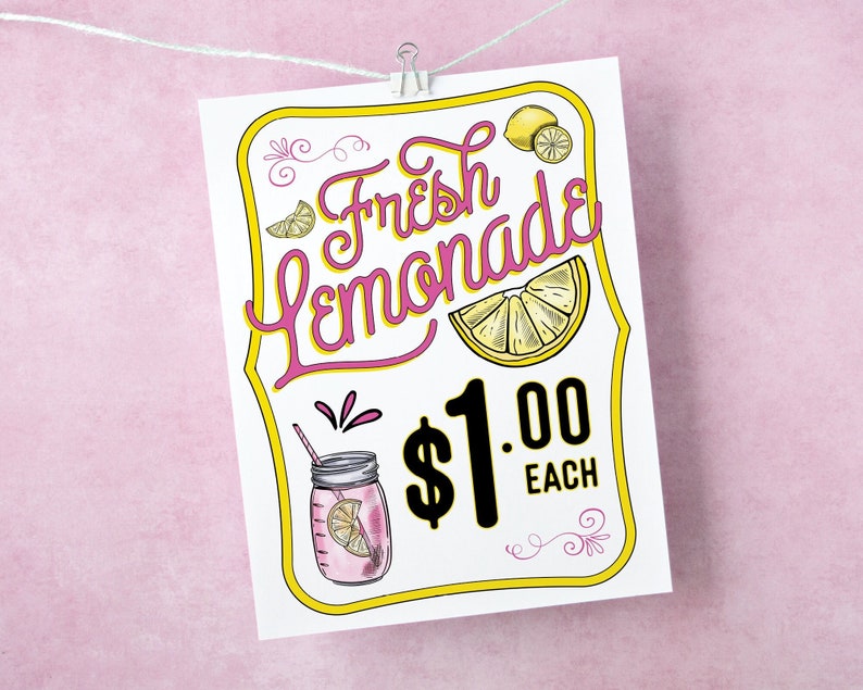 PINK Fresh Lemonade Sign - PRINTABLE Corjl 8.5x11" Sign Template. Pink ...