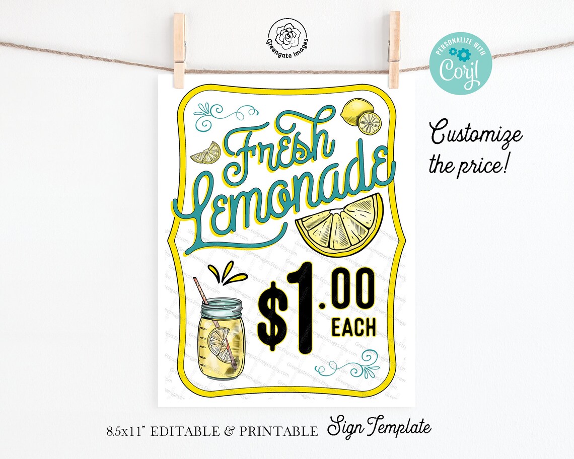 Fresh Lemonade Sign - PRINTABLE Corjl 8.5x11" Sign Template. Aqua Teal ...