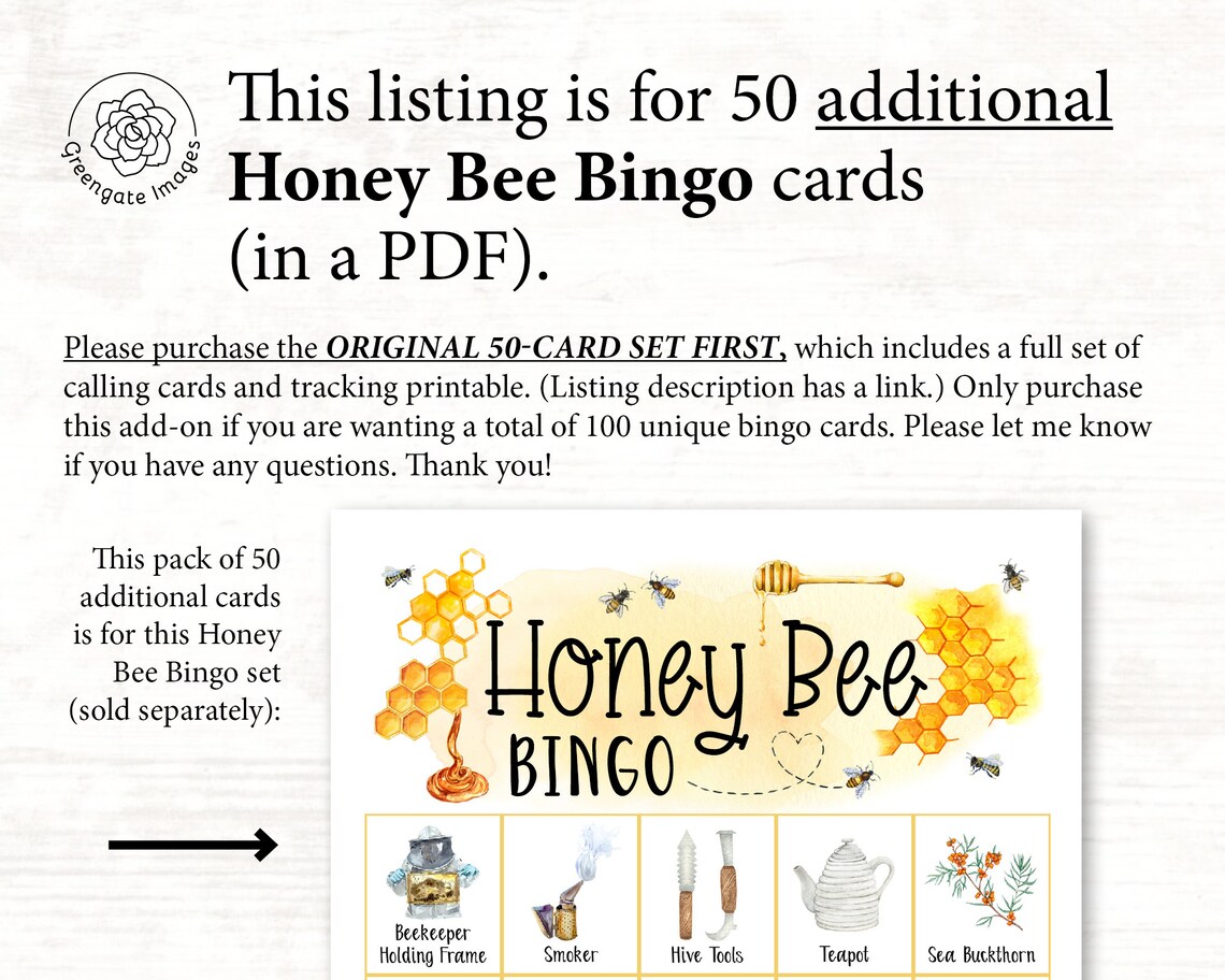 ADD-ON: 50 Additional Honey Bee Bingo Cards (numbered 51-100) to Go ...