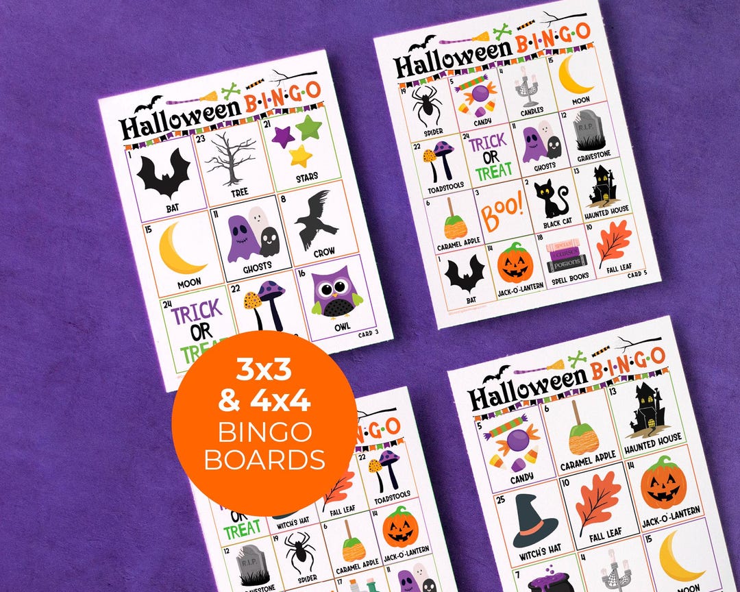 Halloween Bingo - 3x3 & 4x4 Large Print Boards for Little Kids, Memory ...