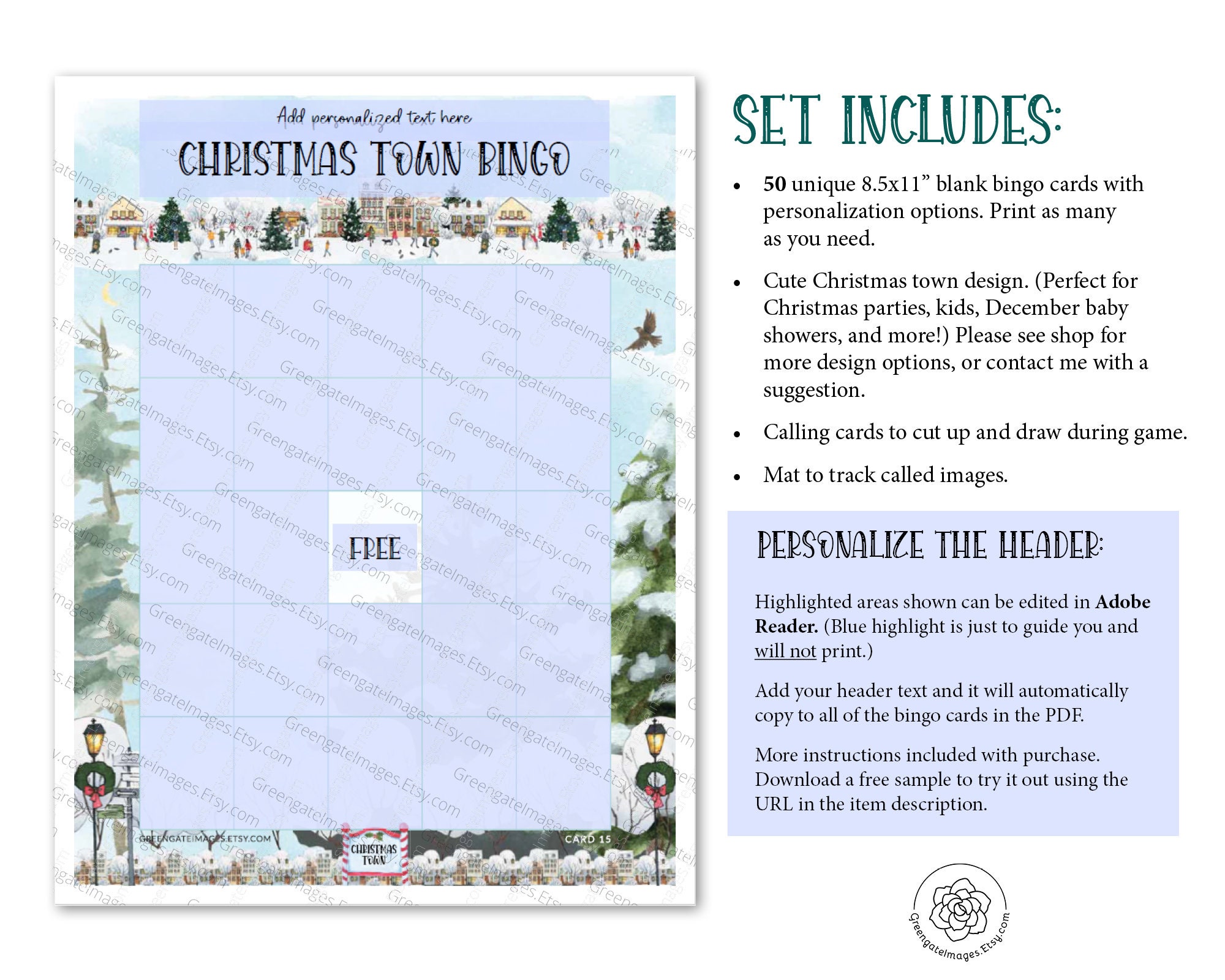 FILLABLE Christmas Town Bingo Template: 50 Cards Printable Pdf ...