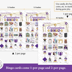Graduation Bingo - 50 PRINTABLE Unique Cards. Purple and Gold Color ...