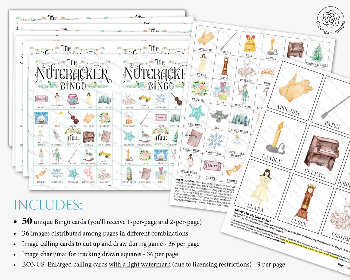Nutcracker Bingo Cards - 50 PRINTABLE Unique Cards Depicting Elements ...