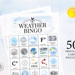 Weather Bingo Cards: Printable Bingo Cards, 50 Cards, Kids Game ...