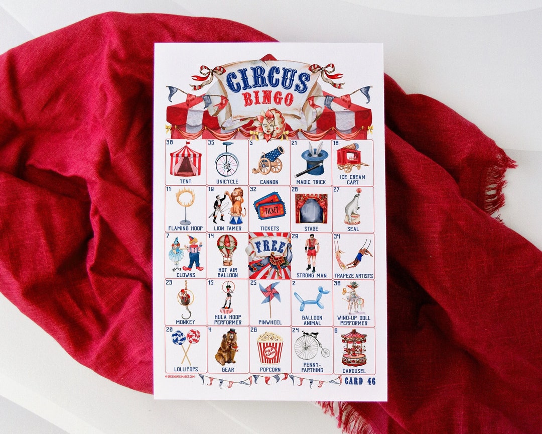 Circus Bingo - 50 PRINTABLE Unique Cards. Instant Digital Download PDF ...