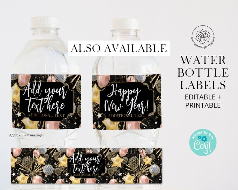 New Year's Water Bottle Label Printable Corjl Editable | Etsy