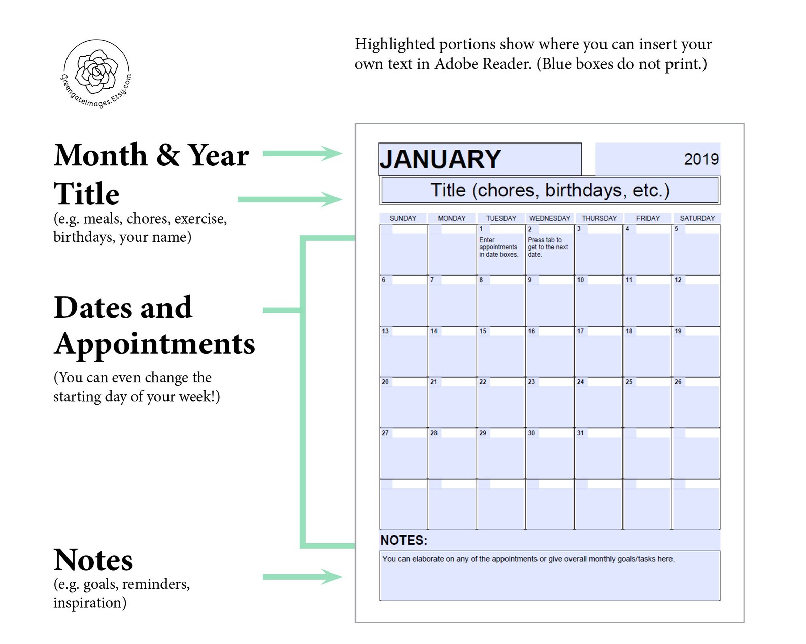 Editable Calendar PDF: Any Year Fillable Printable Monthly - Etsy Canada