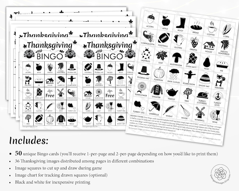 Thanksgiving Bingo Cards: Printable Bingo Cards, Black and White, 50 ...
