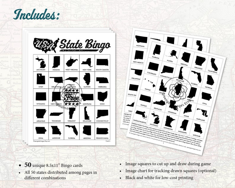 US State Bingo Set - Printable Bingo Game, 50 Cards, Senior Citizen ...